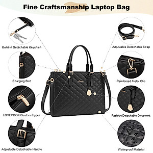 LOVEVOOK Laptop Bag for Women, Work Tote Bag Quilted Leather Computer Shoulder Bag, 15.6 inch Laptop Tote Purse Set, Waterproof Business Briefcase Handbag 2 PCS for Office,Teacher Black