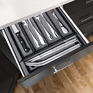 Ipanda Cutlery Tray, Cutlery Organizer, Non-Silp 5 Compartments Utensil Drawer Storage, Kitchen/Office, Steel Mesh Silverware Drawer/Holder/Divider (Black)