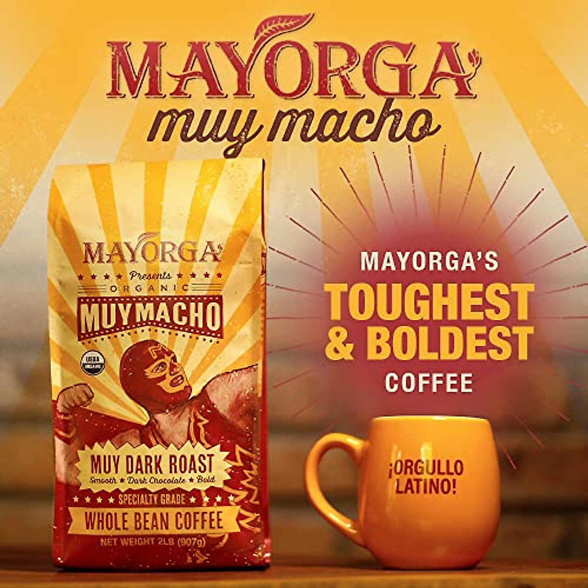 Mayorga Intense Dark Roast Coffee, 2 lb bag - Muy Macho Blend, the World's Strongest Organic Coffee - 100% Arabica Whole Coffee Beans - Bold Flavor - Specialty Grade, Non-GMO, Direct Trade