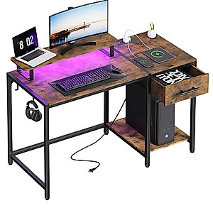 Computer Desk with Wooden Drawers - 47 inch Gaming Desk with Led Lights & Outlets, Home office Desk with Monitor Stand & Headphone Hook, Rustic