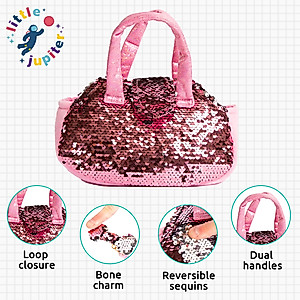 Little Jupiter Pet Plush Set with Purse w/ Reversible Sequins & Charm - Stuffed Animal Toy for Kids Ages 4 - 5 - 6 - 7 - Stuffed Animal Purse - Stuffed Animals for Girls - (White Labradoodle)