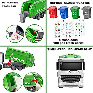 CALEST 2.4Ghz RC Garbage Truck with 4 Trash Cans, 6 Channel Remote Control, Waste Management Toy, 100pcs Garbage Sorting Cards, Boys 3+