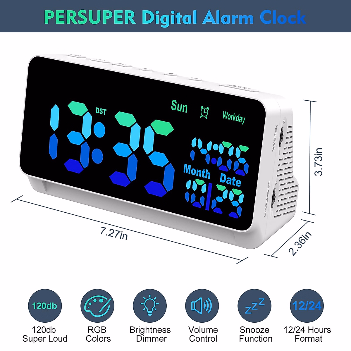 [120db Super Loud] Alarm Clocks for Bedrooms, 15 Wake Up Sounds, 7 Color Night Light, Dynamic RGB Color Changing, 0-100% Dimmer, Snooze, Large LED Display, Digital Clock for Heavy Sleepers Adults