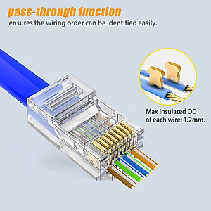 AOWIZ RJ45 Cat6 Cat6a Connector Pass Through 23AWG 100-PACK Gold Plated 8P8C Ethernet Ends for Unshielded Twisted Pair Solid Wire & Standard Cables