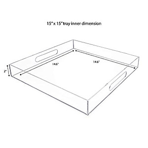 Isaac Jacobs Clear Acrylic Serving Tray (15x15) with Cutout Handles, Spill-Proof, Stackable Organizer, Space-Saver, Food & Drinks Server, Indoors/Outdoors, Lucite Storage Décor & More