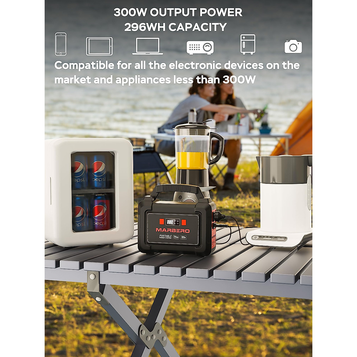 MARBERO Portable Power Station 300W Camping Solar Generators Lithium Battery 296Wh Power Supply with 110V AC Outlet, 2 DC Ports, 4 USB Ports, LED Flashlights for CPAP Home Camping Backup