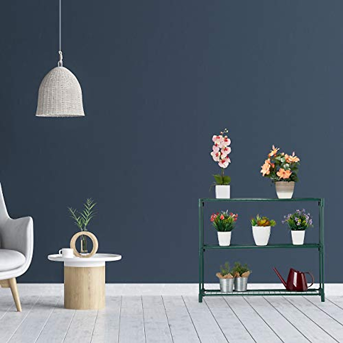 Relaxdays Plant Stand, 3 Tiers, Storage for Flower Pots, Indoor, Iron & Plastic, H x W x D 74.5 x 91 x 28.5, Green, Pack of 1