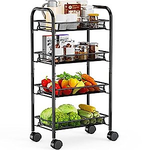 Pipishell 4-Tier Mesh Wire Rolling Cart Multifunction Utility Cart Metal Kitchen Storage Cart with 4 Wire Baskets Lockable Wheels for Home, Office, Kitchen PIUC02
