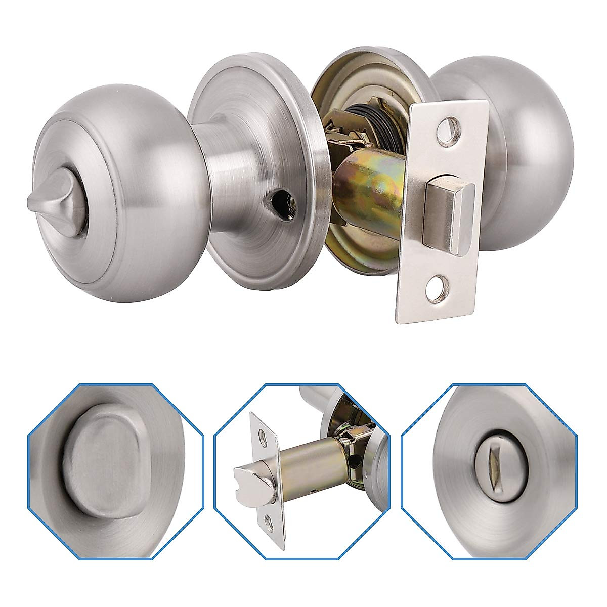 Gobrico 6 Pack Bathroom Bedroom Door Knobs Hardware, Round Privacy Knobs Locksets Interior Door Handles, Satin Nickel Finished, Stainless Steel Doorknob Bulk Pack