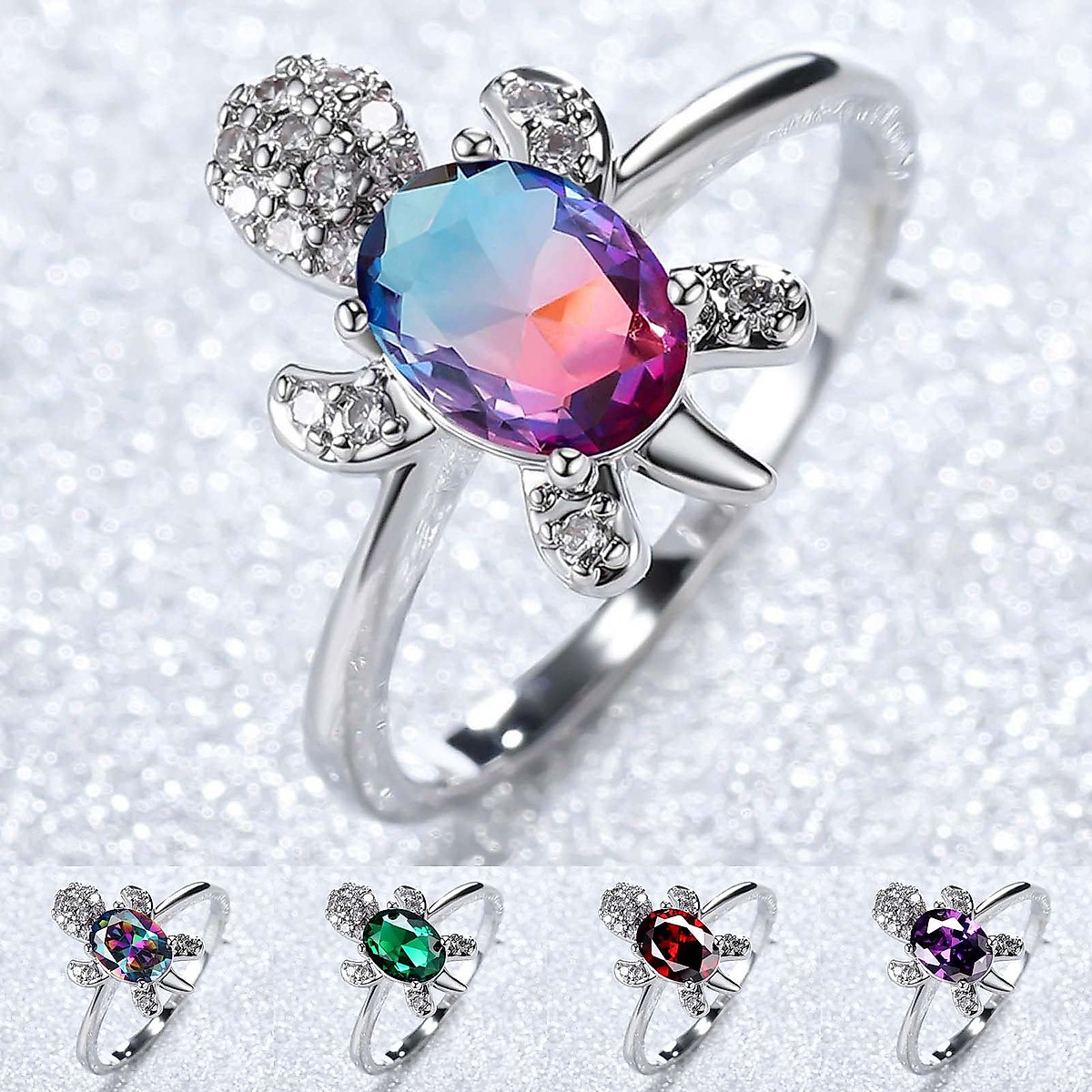 oAtm0eBcl Silver Turtle Animal Ring for Women Girl. Oval Cubic Zirconia Halo CZ Knuckle Rings Wedding Bands Promise Rings for Women,Blue,US 7