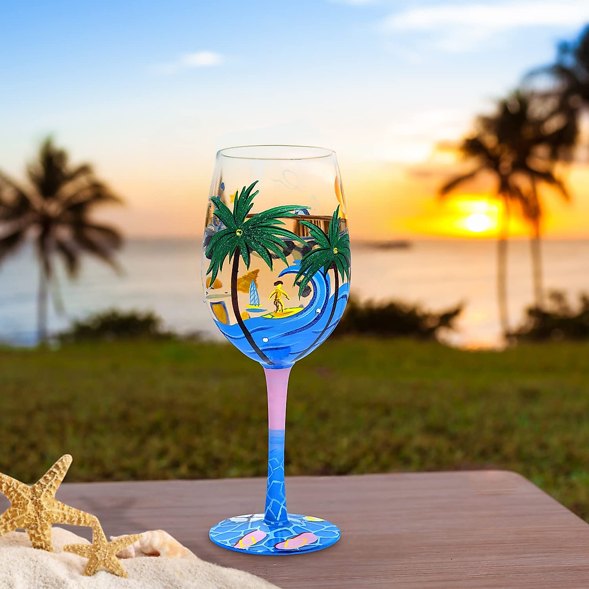 NymphFable Beach Wine Glasses 15oz Hand Painted Colorful Wine Glasses, Blue Sea Beach Themed Gift for Women Men