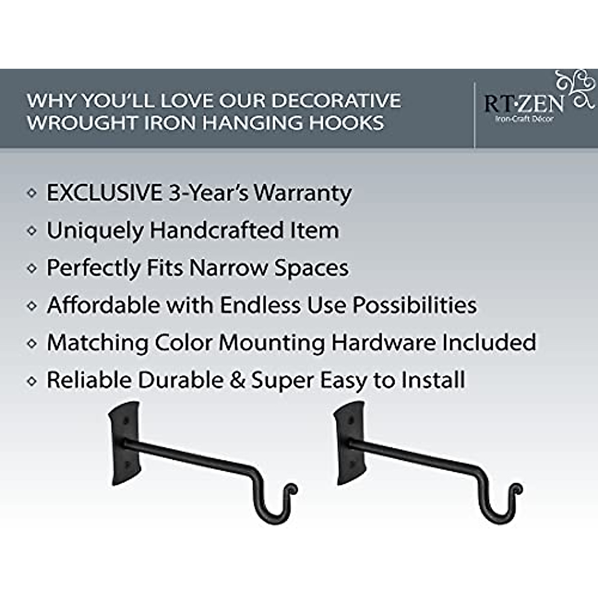 RTZEN Plant Hanger Shepards Hook 7.5" - Hand Forged Heavy Duty Wrought Iron Wall Decor - Indoor or Outdoor Shepherds Hook Hanging Bracket for Bird Feeders Lanterns Baskets and Wind Chimes - 2 Pack