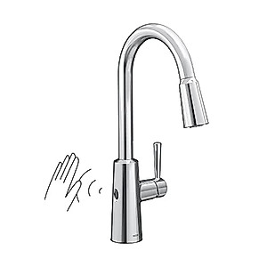 Moen 7402EW Riley Single Handle Chrome High Arc Pull Down Kitchen Faucet with Motionsense Wave, Power Clean Spray Technology, and Reflex System, Sensor, Modern, Aa Batteries