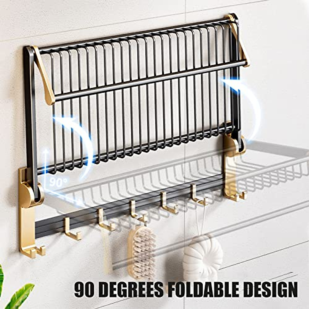 24HOCL 24 Inch Foldable Towel Rack Wall Mounted with Towel Bar/Basket, Bath Towel Shelf with Movable 7 Hooks for Bathroom Hotel Lavatory (Black+Gold)