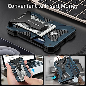 Minimalist Wallet for Men- Slim Aluminum Metal Money Clip Wallet with Clear ID Card Holder, Carbon Fiber Wallet, RFID Blocking, Holds up 15 Cards with Cash Clip, Ultra-Thin Tactical Wallet-Navy Blue