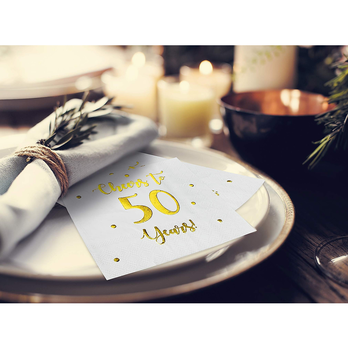 Cheers to 50 Years Cocktail Napkins | Happy 50th Birthday Decorations for Men and Women and Wedding Anniversary Party Decorations | 50-Pack 3-Ply Napkins | 5 x 5 inch folded (White)