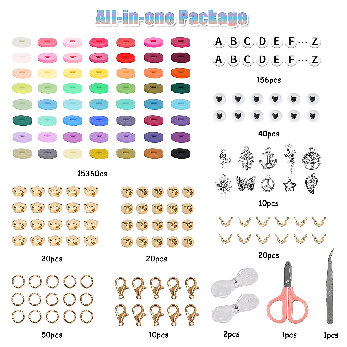 QUEFE 15360pcs, 192 Colors Clay Beads for Bracelet Making Kit Flat Round Polymer Spacer Heishi Beads Jewelry with Pendant Charms Letter and Elastic Strings