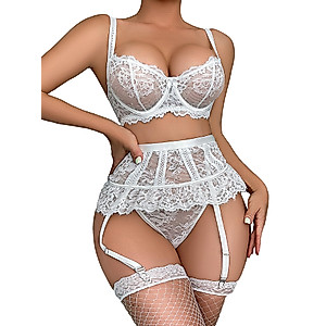 Verdusa Women's Floral Lace Underwire Garter Lingerie 5 Piece Sets with Stockings White L