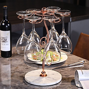 MyGift Countertop Wine Glasses Rack, Modern Copper Metal Wire Tabletop Stemware Holder Display Rack with White Marble Base