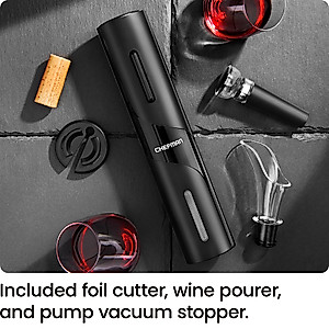 Chefman Electric Wine Opener Makes Opening Bottles Fast, Foolproof, And Fun! Black, Battery-Operated 4-Piece Corkscrew Set Comes With A Foil Cutter, Pourer, And Vacuum Stopper