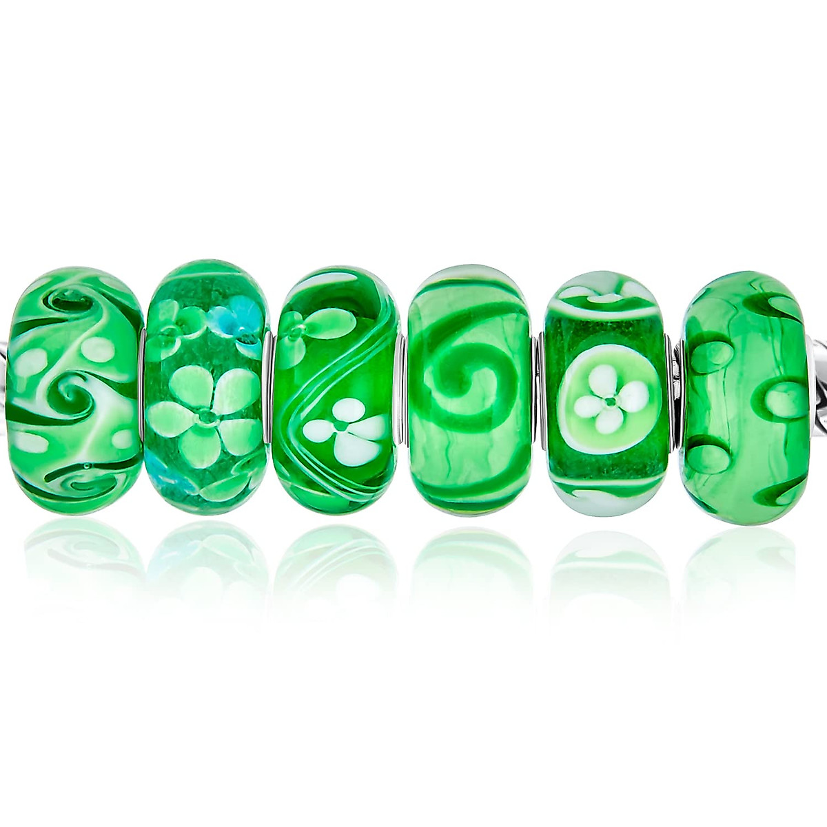 Bling Jewelry Mixed Set Of Bundle .925 Sterling Silver Core Translucent Shades Of Green Floral Murano Glass Swirl Charm Bead Spacer Fits European Bracelet For Women Teen