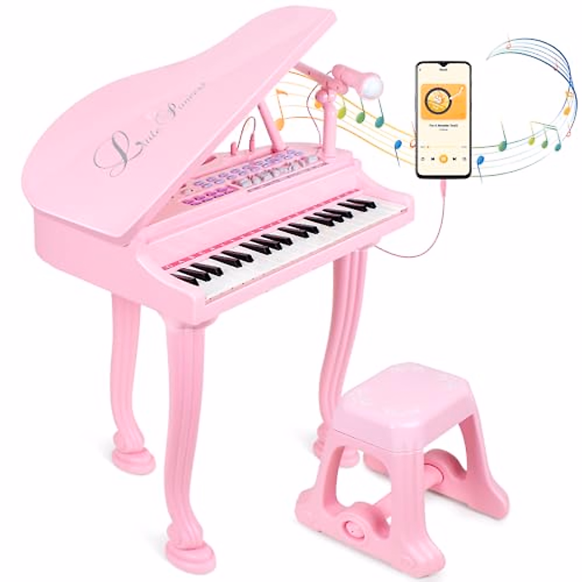 Kids Piano Keyboard Toys 37 Keys,Grand Piano for Beginners,3 4 5 6 Years Old Toddler Girl Boy Gift,Educational Musical Instrument,w/Microphone,Stool,Piano Lid,Lights,Note Stickers,Enamel Finish- Pink
