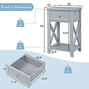 Giantex Modern X-Design Nightstand Set of 2, Bedside Table w/Drawer & Storage Shelf, Versatile Sofa Table End Table for Bedroom Hallway (2, Grey)