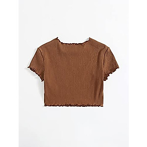 SOLY HUX Girl's Cartoon Embroidery Short Sleeve Tee Lettuce Trim Crop Top T Shirt Mushroom Brown 8Y