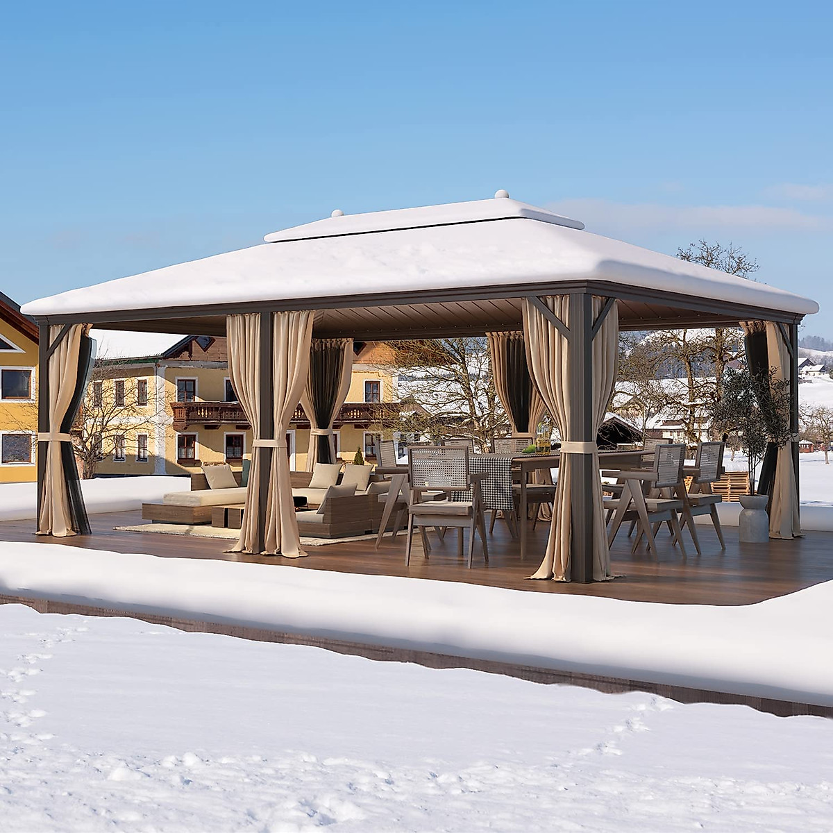 MELLCOM 14'x20' Galvanized Steel Hardtop Gazebo, Aluminum Frame Metal Outdoor Gazebo with Double Roof and Netting and Curtains for Patio Lawn Garden Brown