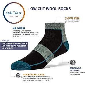 FUN TOES Low Cut Ankle Merino Wool Mens Hiking Running Socks Compression Arch Support Cushioned 6 Pairs (Black/Blue)