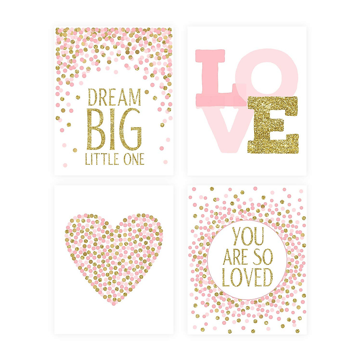Pink & Gold Positve Affirmation 8x10 Wall Art Set of 4 Love Nursery Toddler Girls Room Decorations Dream Big (NOT Real Glitter)