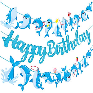 Dolphin Birthday Banner Decorations Dolphin Birthday Party Decorations Supplies Blue Glitter Dolphin Happy Birthday Banner Decorations for Under the Sea Themed Birthday Party Baby Shower Supplies