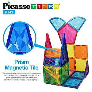 PicassoTiles Magnetic Tiles Building Block Construction Toy Set Prism Magnet Tile Blocks STEM STEAM Learning Kit Early Education Builder Playset Toys for Children Toddler Boy Girl Age 3+ PT41