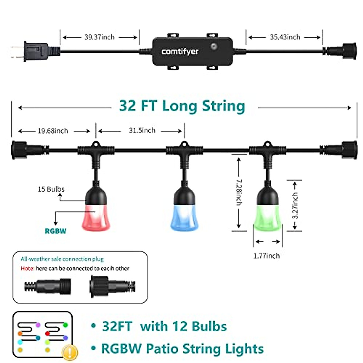 comtifyer Smart Outdoor String Lights, 32ft RGB Patio Lights with 12 Dimmable LED Bulbs, IP65 Waterproof, WiFi APP Control LED String Light for Backyard, Garden, Party