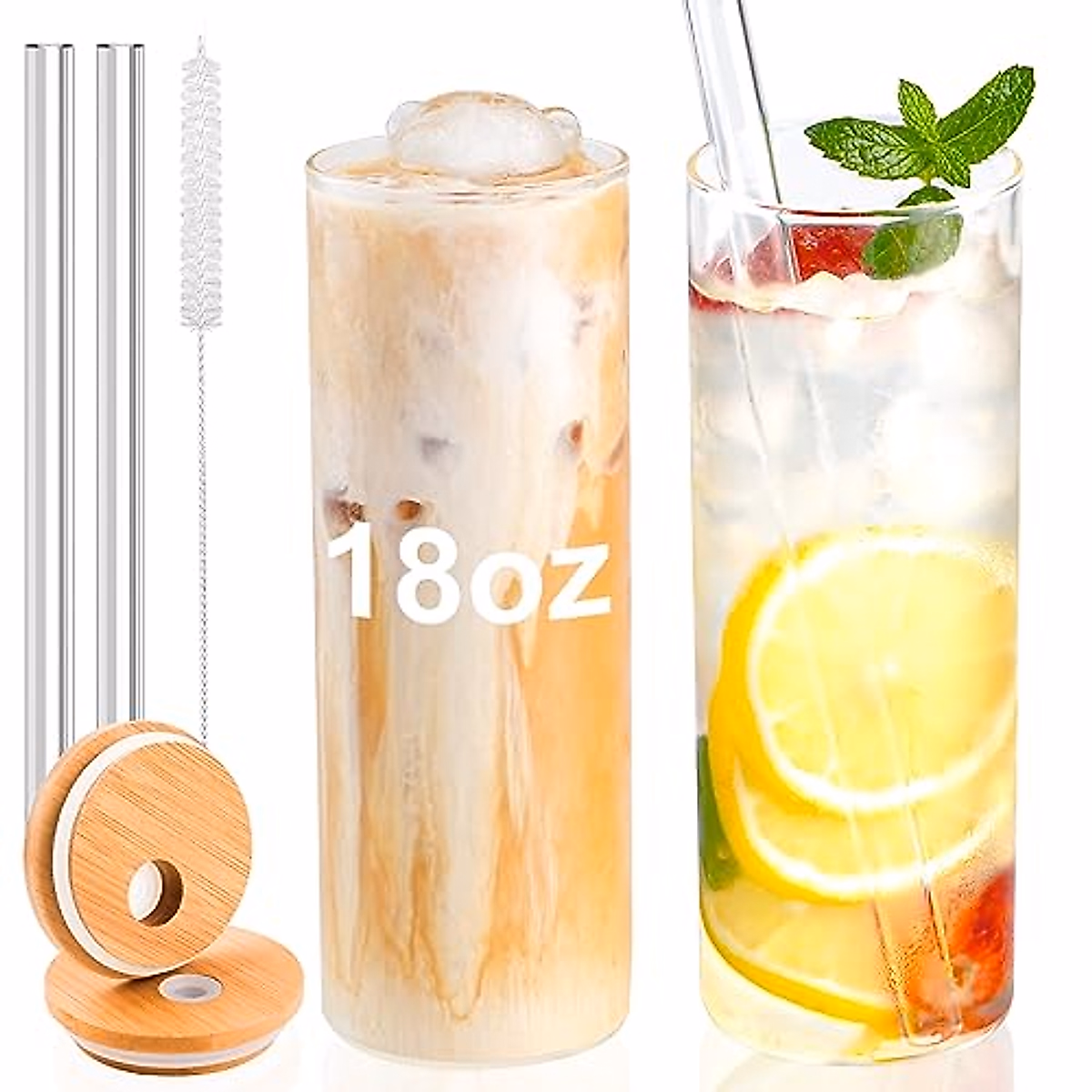 Glass Cups with Lids and Straws, 18oz Borosilicate Glass Tumbler with Straws and Bamboo Lids Reusable Clear Iced Coffee Cups for Coffee Milk Tea Juice DIY Drinks Coffee Bar Accessories- 2 Pack