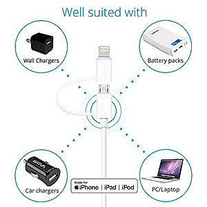Apple MFi Certified 2 in 1 iPhone Charger Lightning Cable and Micro USB to USB Charger Cord, Compatible iPhone X, 8, 8 Plus,7 Plus, Android Data Cable 2 in 1 White(6FT)