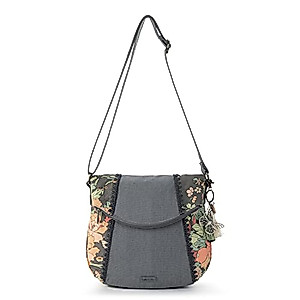Sakroots Foldover Crossbody Bag in Cotton Canvas, Multifunctional Purse with Adjustable Strap & Zipper Pockets, Charcoal Flower Power