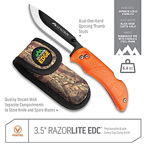 OUTDOOR EDGE RazorBlaze, RB-20, 3.5" Replaceable Blade Folding Hunting Knife, Non-Slip Rubberized TPR Handle, Mossy Oak Nylon Sheath (Blaze Orange)