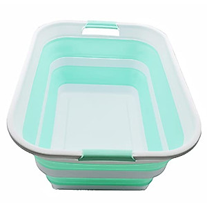 SAMMART 42L Collapsible Plastic Laundry Basket - Foldable Pop Up Storage Container / Organizer - Portable Washing Tub - Space Saving Hamper / Basket (White/Light Green (Set of 2))