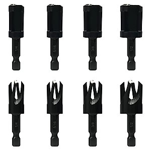 Wood Plug Cutters, 4 pcs Straight Wood Plug Cutters & 4 pcs Tapered Plug Cutters Set with 1/4 Hex Shank, Taper Cutting Tool Cork Drill Bit Knifes in 4 Sizes 1/4", 5/16", 3/8", and 1/2" Black