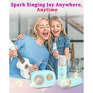 Mini Karaoke Machine for Kids&Adults,Portable Bluetooth Speaker with Wireless Microphones and Stereo Sound Enhanced Bass,Gifts for Girl 6 7 8 9 10 11 12 Years Old (Pink)