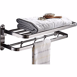 ELLO&ALLO Stainless Steel Towel Racks for Bathroom Shelf Double Towel Bar Holder with Hooks Wall Mounted Multifunctional Foldable Brushed Nickel