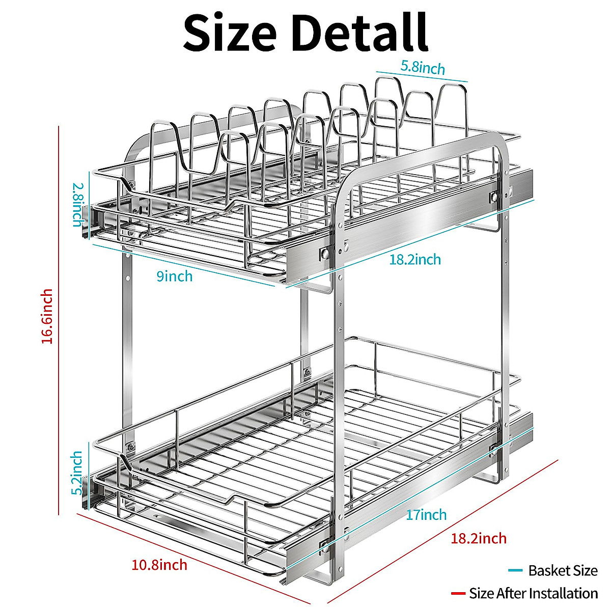 BOIVSHI Pull Out Cabinet Organizer, 2 Tier Cabinet Pull Out Shelves (12" W X 19" D) Slide Out Cabinet Organizer for Kitchen, Bathroom, Pantry, Chrome