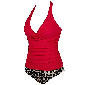SUUKSESS Women Sexy Halter Tankini Bathing Suits Slimming Tummy Control High Waisted Swimsuits 2 Piece (Red Leopard, XL)