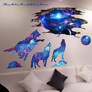 3D Blue Starry Sky Wolf Moon Wall Decals Removable PVC Magic 3D Milky Way Outer Space Planet Wall Sticker Peel Stick Home Decor for Kids Baby Bedroom Boys Girls Nursery Room Ceiling Living Room