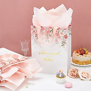 Crisky 13" Large Bridal Shower Bag with Bridal Shower Card Flower (Showered with Love) Gift Bag with Tissue Paper, Gift Card for Wedding, Bridal Shower, Engagement Party