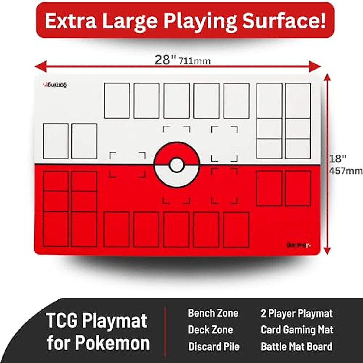 The Gaming Mat Company 2 Player Compatible Pokemon Playmat for Pokemon Cards - 28" x 18" x 0.16" Red & White Battle Mat Stadium Board for Pokemon TCG Playmat Game & Pokemon Mat Trading Card