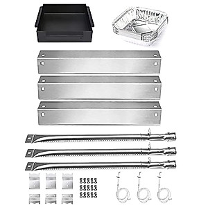Hisencn Stainless Grill Burner Tube, Heat Plate Shield Tent, Hanger Brackets, Electronic Ignitor, Porcelain Steel Grease Collection Pan with 15 Pack Aluminum Foil Drip Pan for Chargriller 5050 5650