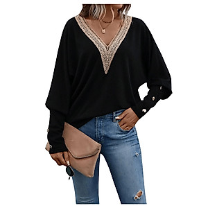 GORGLITTER Women's Guipure Lace Long Sleeve Sweatshirt V Neck Casual Pullover Tops Black Medium