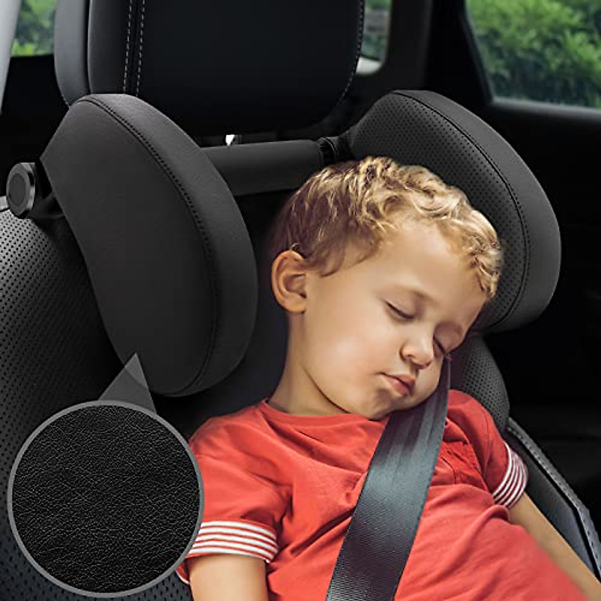 KUNGKIC Car Headrest Pillow,Full Grain Leather,U Shaped Car Seat Adjustable Head Neck Support,Sleeping Travel Car Pillow,Sleep Cushion Car Side Pillow for Kids Adults Elders (Black)